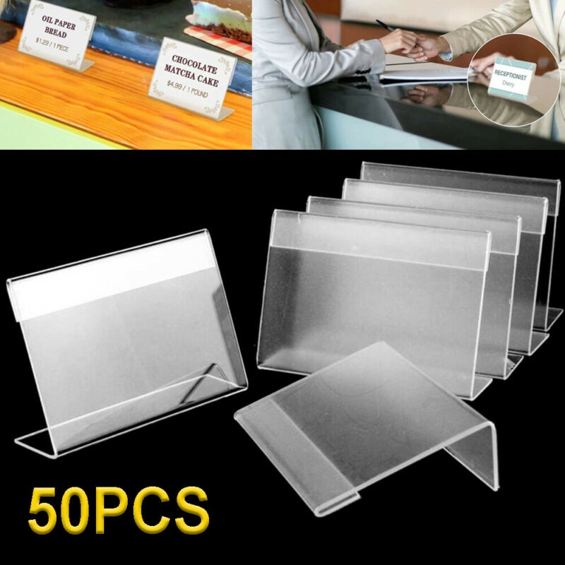 50pcs Acrylic Sign Display Holder Label Price Name Cards Tag Shop Stand ...