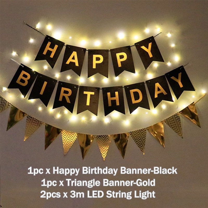 4pcs/set Happy Birthday Banner Triangle Flag With 2pcs 3m LED LIGHT ...