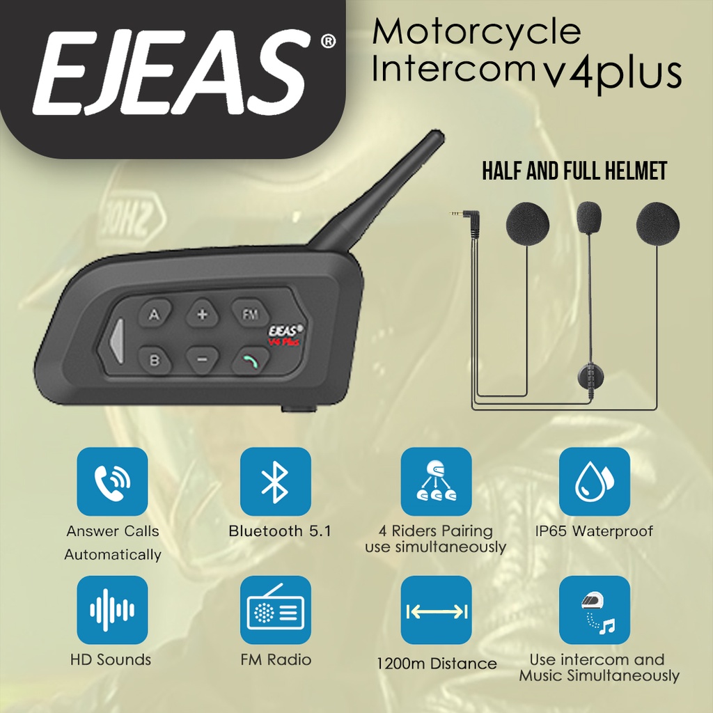 EJEAS V4 Plus Group of 4 Wireless Intercom Bluetooth Helmet Motorcycle ...