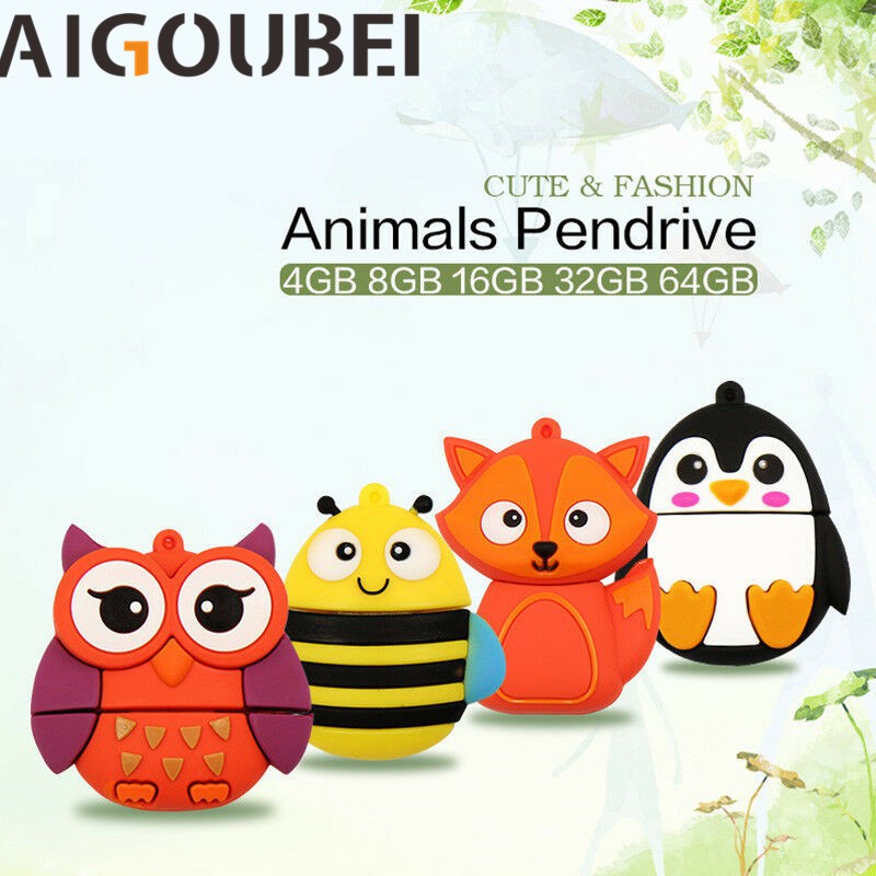 COD Cute Animals USB Flash Drive Owl/Fox/Penguin/Bee Usb Stick Cartoon ...