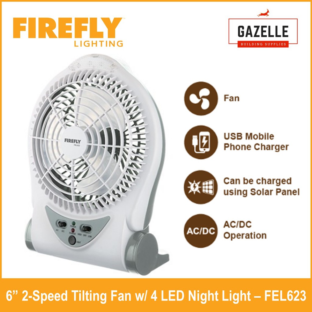 Firefly 6 inch 2 Speed Tilting Fan With 4 LED Night Light & USB Mobile ...