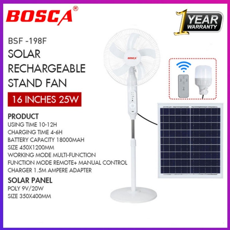 BOSCA 16" Solar Rechargeable Fan 25w Stand Floor Panel 20w With Remote ...