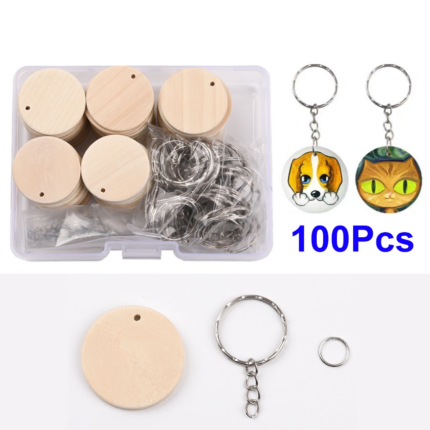 100Pcs Natural Wooden Circle Keychain Unfinished Discs Predrilled Log ...