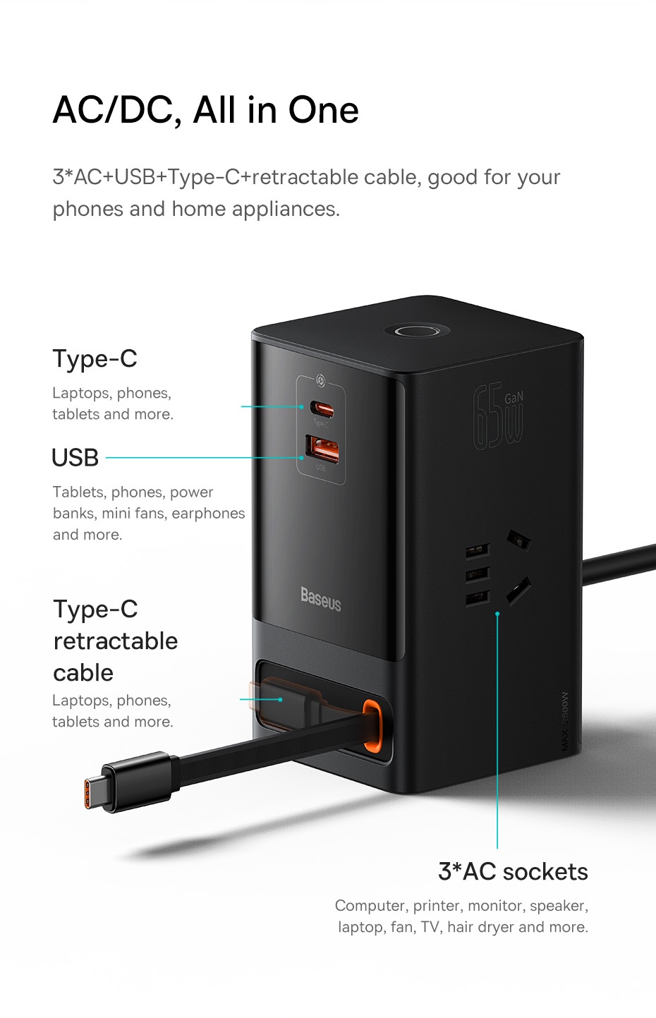 Baseus Power Combo Digital Power Strip 3AC+1U+1C+Retractable-C 65W with ...