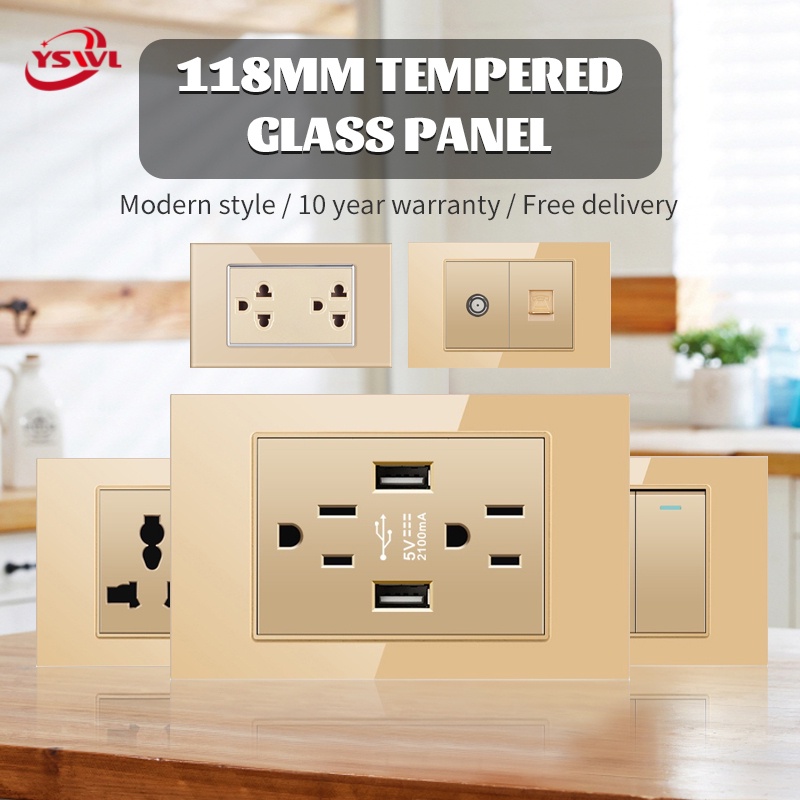 YSWL Wall Switch light/Wall outlet socke Gold Tempered Glass Panel 1/2 ...