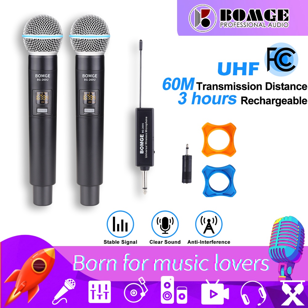 BOMGE UHF Dual Cordless Wireless Microphone System, 30 adjustable channels, with rechargeable ...