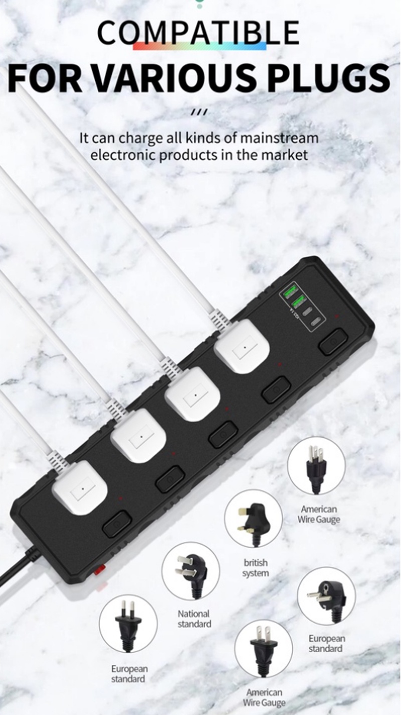 TB-T30 3.1A 3000W Universal Power Socket Extension With 4 AC Sockets, 2 ...