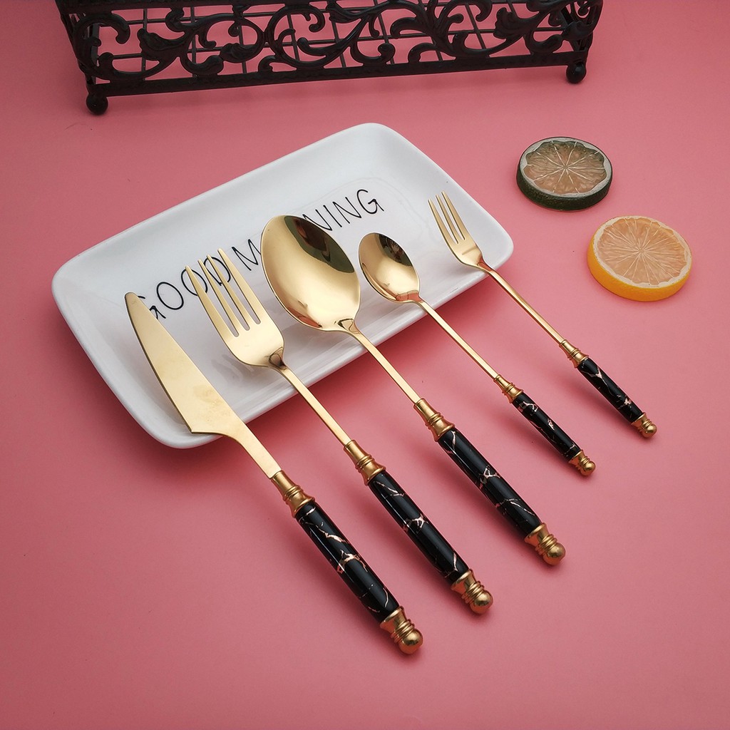 Hot sale ceramic handle black gold marble Pattern court 304 stainless ...