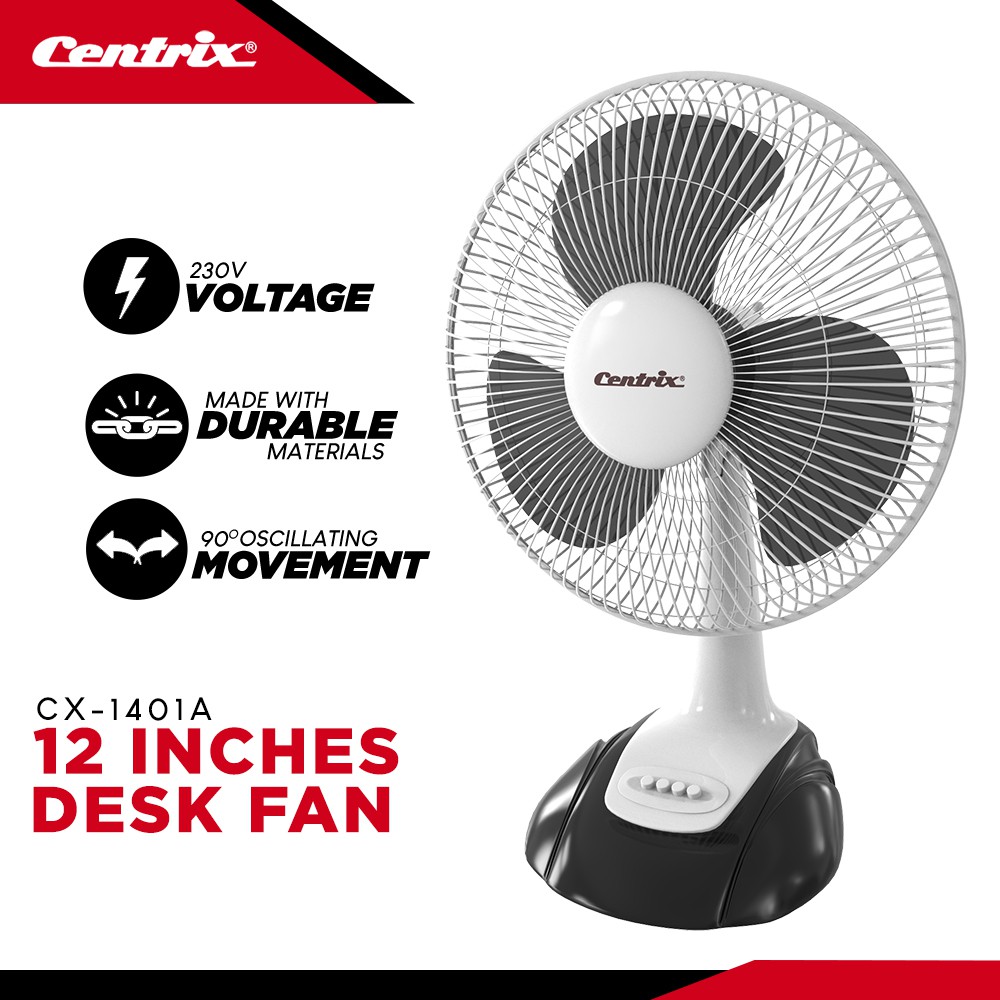 Centrix CX-1401A 12" Desk Fan Made with Durable Materials and Three ...