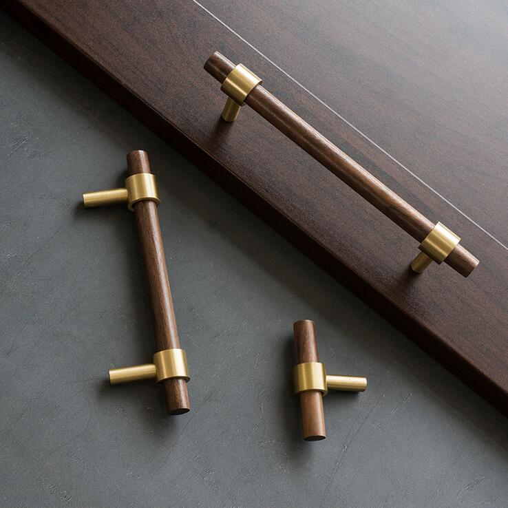 Simple Design Knob and Handle Solid Walnut Zelkova Wood With Brass Base ...
