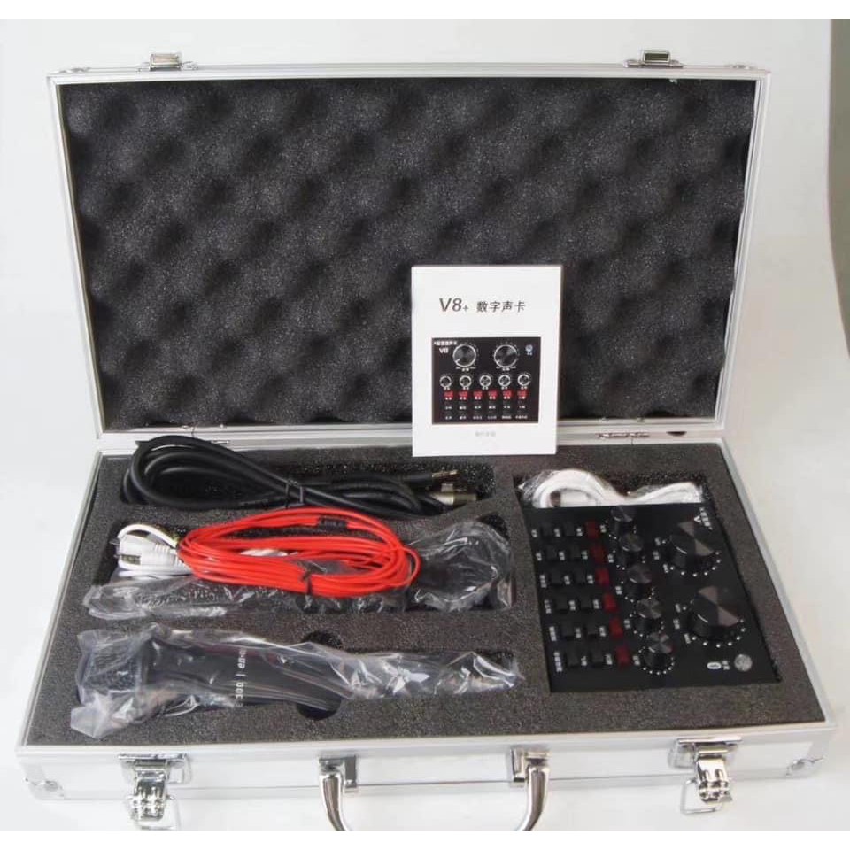 v8 soundcard set with condenser mic and stand hard case and cables ...