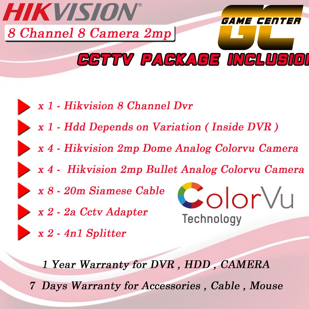 HIKVISION COLORVU PACKAGE 8 Channel 8 Camera 2mp/1080P 24/7 Full Color ...