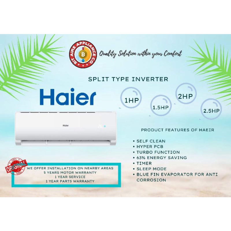 HAIER 1HP to 2.5HP FULL DC INVERTER SPLIT TYPE AIRCON | Shopee Philippines