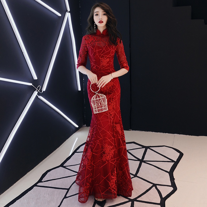Chinese Red Cheongsam Women Wedding Evening Dress Long Sleeve Female ...
