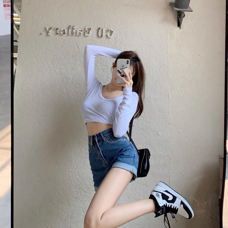 Korea high-rise denim shorts high stretch front button slim hips rolled ...