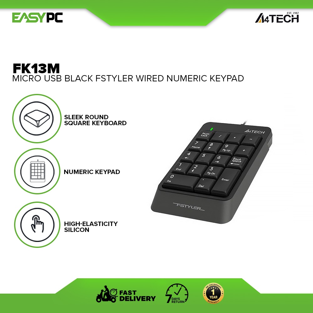 A4Tech FK13M-A4tech Fstyler Wired Numeric Keypad Micro USB Black,Sleek round-square keyboard ...