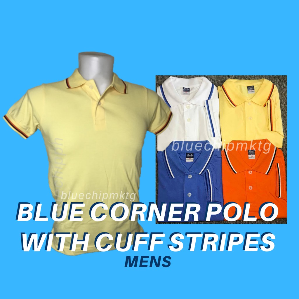 Men's Cotton Blue Corner Polo Shirt w/ Cuff Stripes (Style3) (White ...
