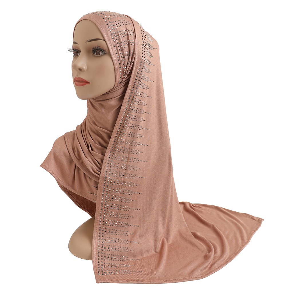 H203 Cotton Jersey Muslim Long Scarf With Rhinestones Modal Headscarf