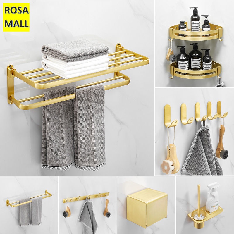 Punching free towel rack gold clothes hook double pole hanging towel ...