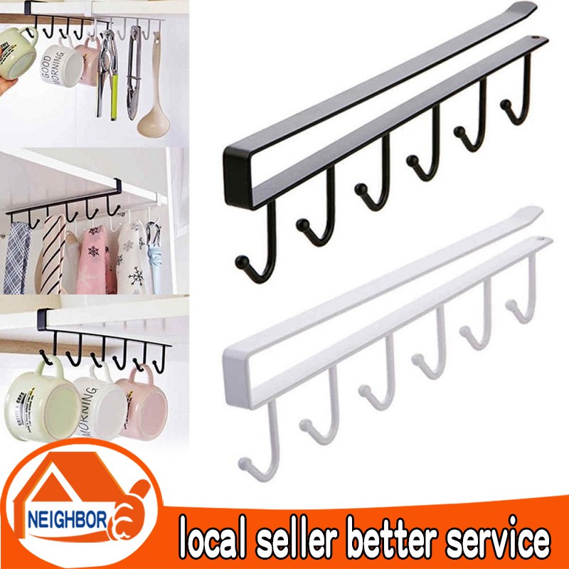 6 Metal Hooks Cup Holder Hang Kitchen Cabinet Under Shelf Storage Rack ...