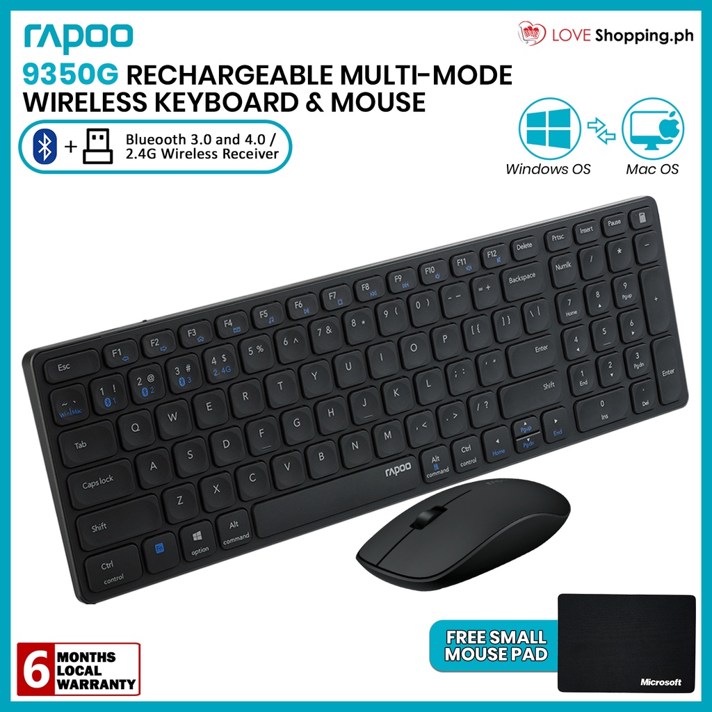 RAPOO 9350G Multi-Mode Wireless Rechargeable Keyboard and Mouse with ...