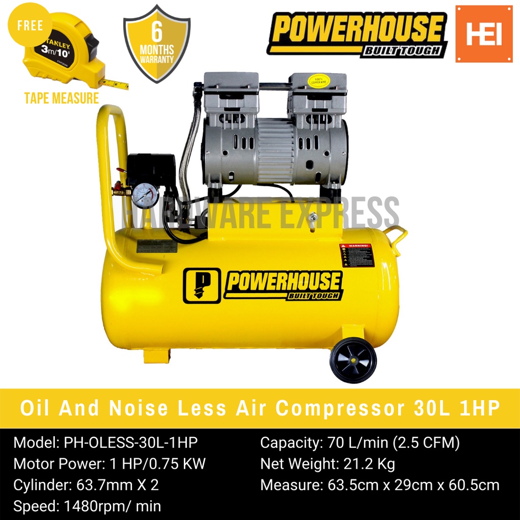 Powerhouse Oil And Noise Less Air Compressor 30 Liters 1HP - Free Tape ...