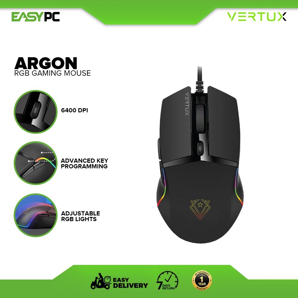 Vertux Argon RGB Gaming Mouse, 400 DPI Advance Button Programming, LED ...