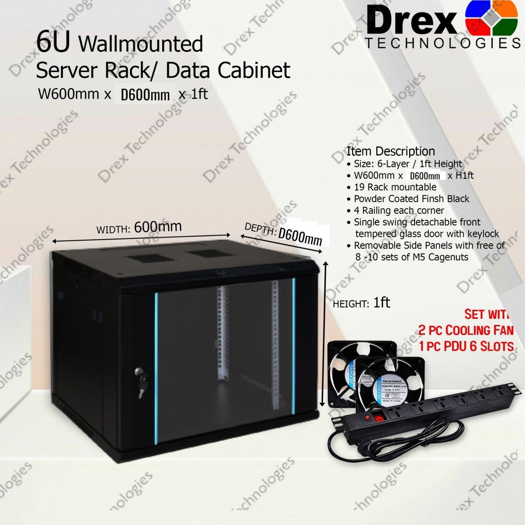6U 600x600x1FT Wallmounted Data Cabinet With 2pcs Exhaust Fan & 1pc PDU ...