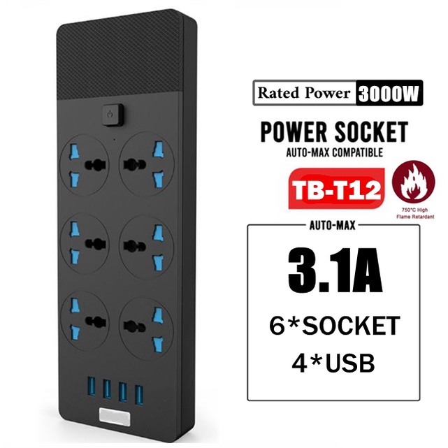 TB-T12 3.1A 4 USB Port 6 Socket Universal Power Extension US Plug ...