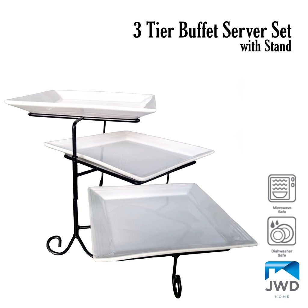 3 - Tiered Square Ceramic Buffet Server Set with Metal Wire Stand ...