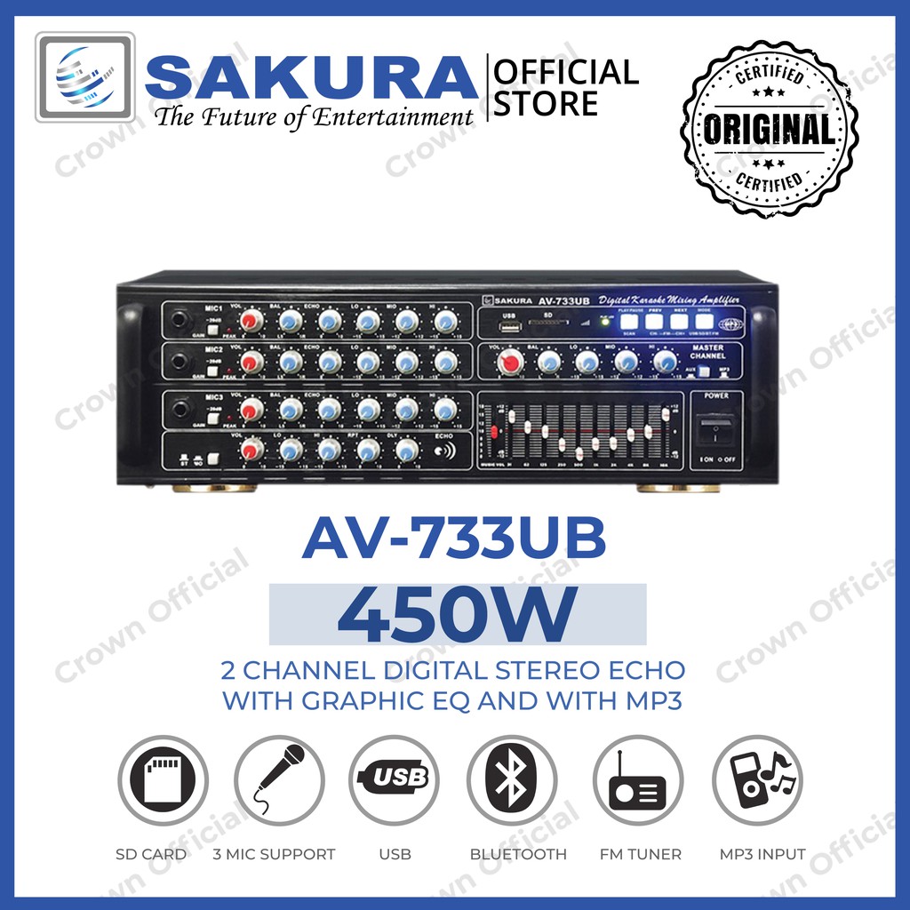 SAKURA AV-733UB 450Wx2 MIXING AMPLIFIER WITH EQUALIZER, USB/SD PORT, BLUETOOTH, FM TUNER ...