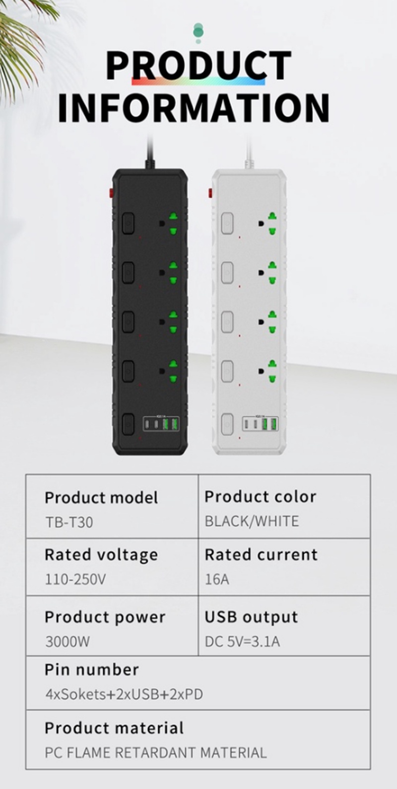 TB-T30 3.1A 3000W Universal Power Socket Extension With 4 AC Sockets, 2 ...