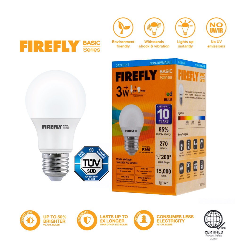 3W Daylight Firefly Basic Series Light Emitting Diode LED Light Bulb 3 ...