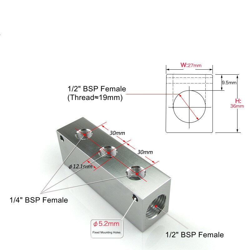 27x36mm 1/2" BSP x 1/4" BSP Female 2-10 Ways 4-12 Ports Solid Aluminum ...