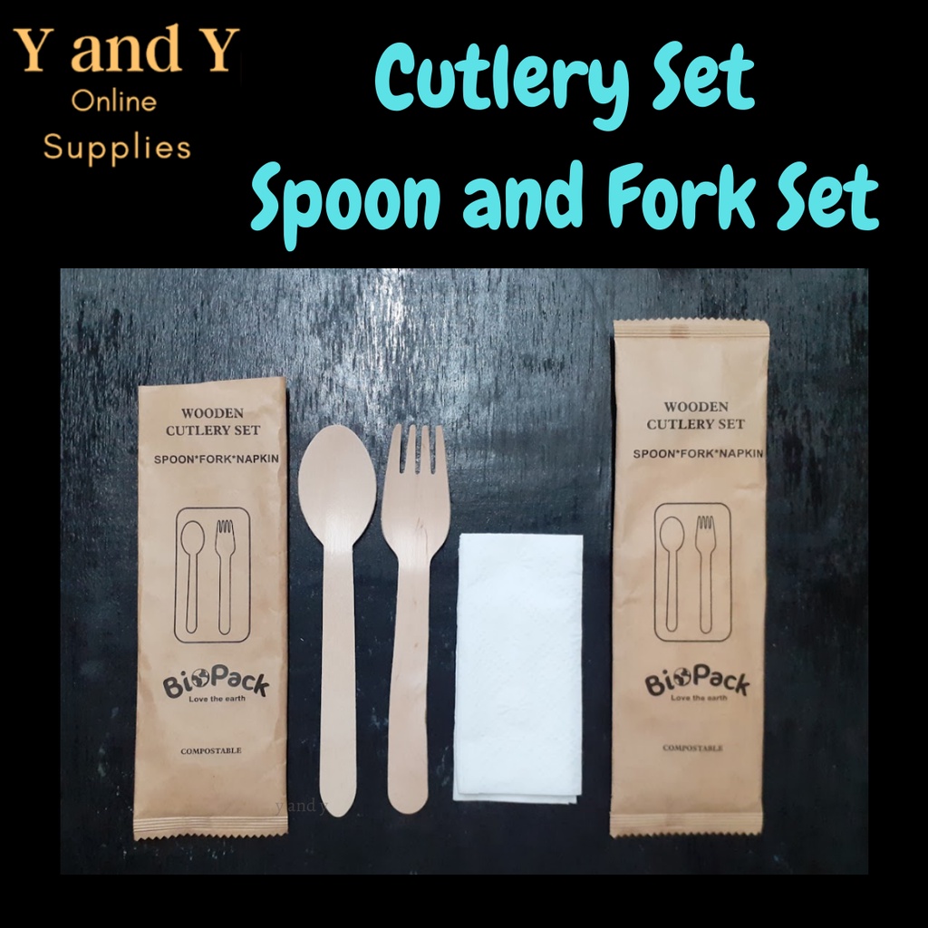 CUTLERY SET, Wooden or Cornstarch, Spoon Fork and Napkin Set pack ...