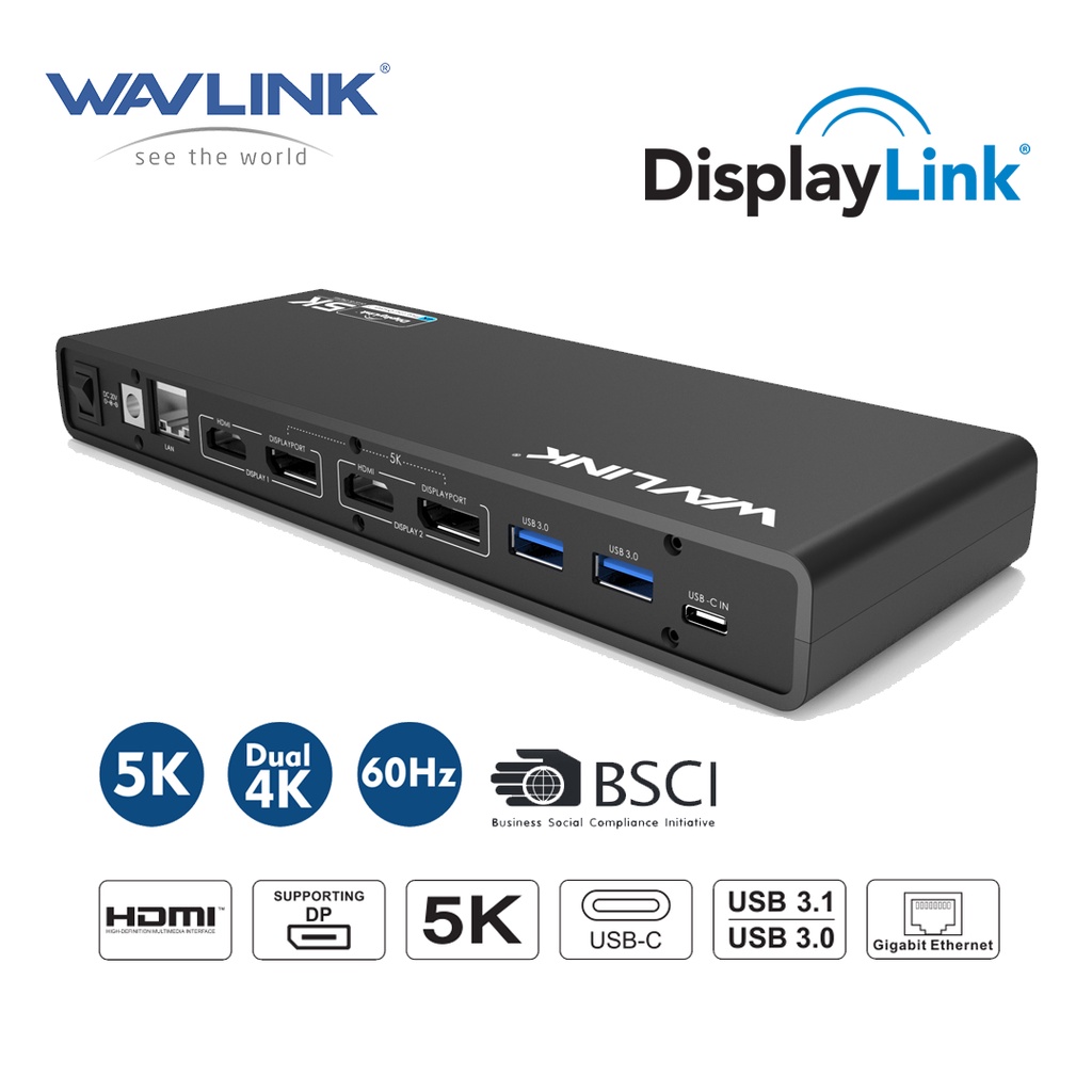 Wavlink Universal Docking DisplayLink Hub 5K dual 4K HDMI Display Port Output Monitors Station ...