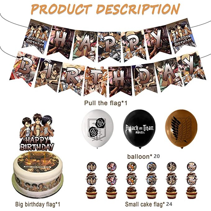 48 Pcs Attack on Titan Party Decoration, Happy Birthday Banner Cupcake ...
