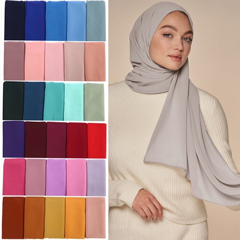 Muslim Women Chiffon Hijab Scarf Solid Color Head Wraps Islamic Hijabs ...