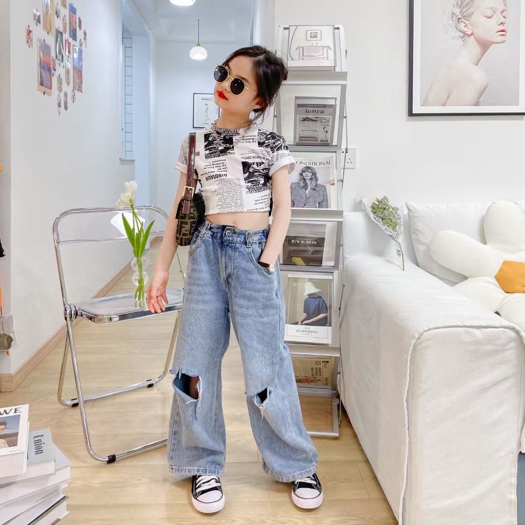 crop top for kids girl terno Girls Suit Short-Sleeved T-Shirt+Denim ...