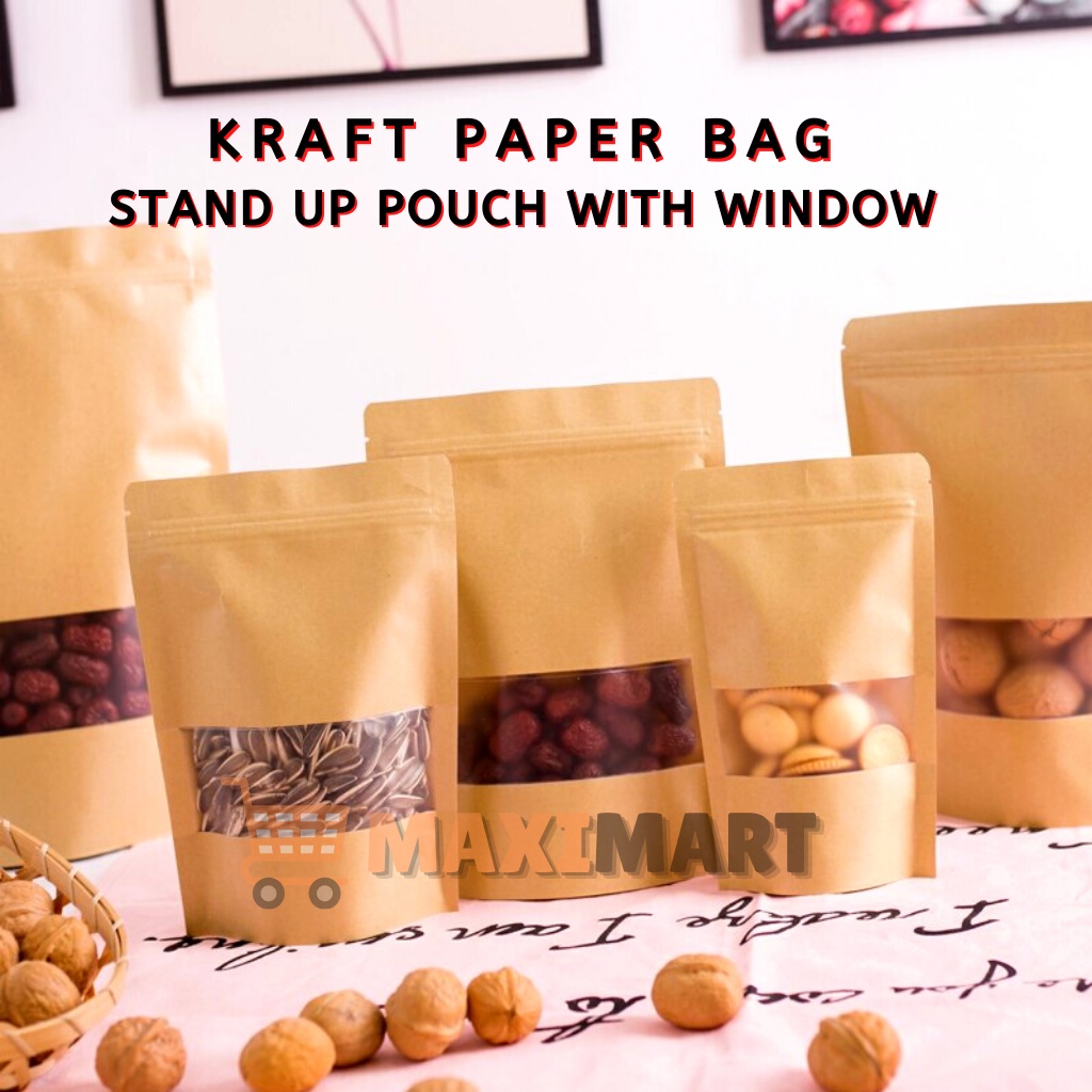 Kraft Brown Paper Bag Stand Up Pouch with Zip Lock Ziplock Window Bread ...