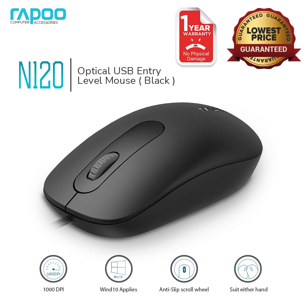 Rapoo N120 USB 3.0 Wired Mouse For Laptop PC 1000DPI Anti-slip Optical ...