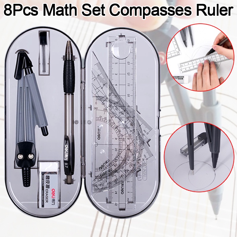 1Set 8Pcs Math Set Compasses Ruler Triangle Square Ruler Students Test ...