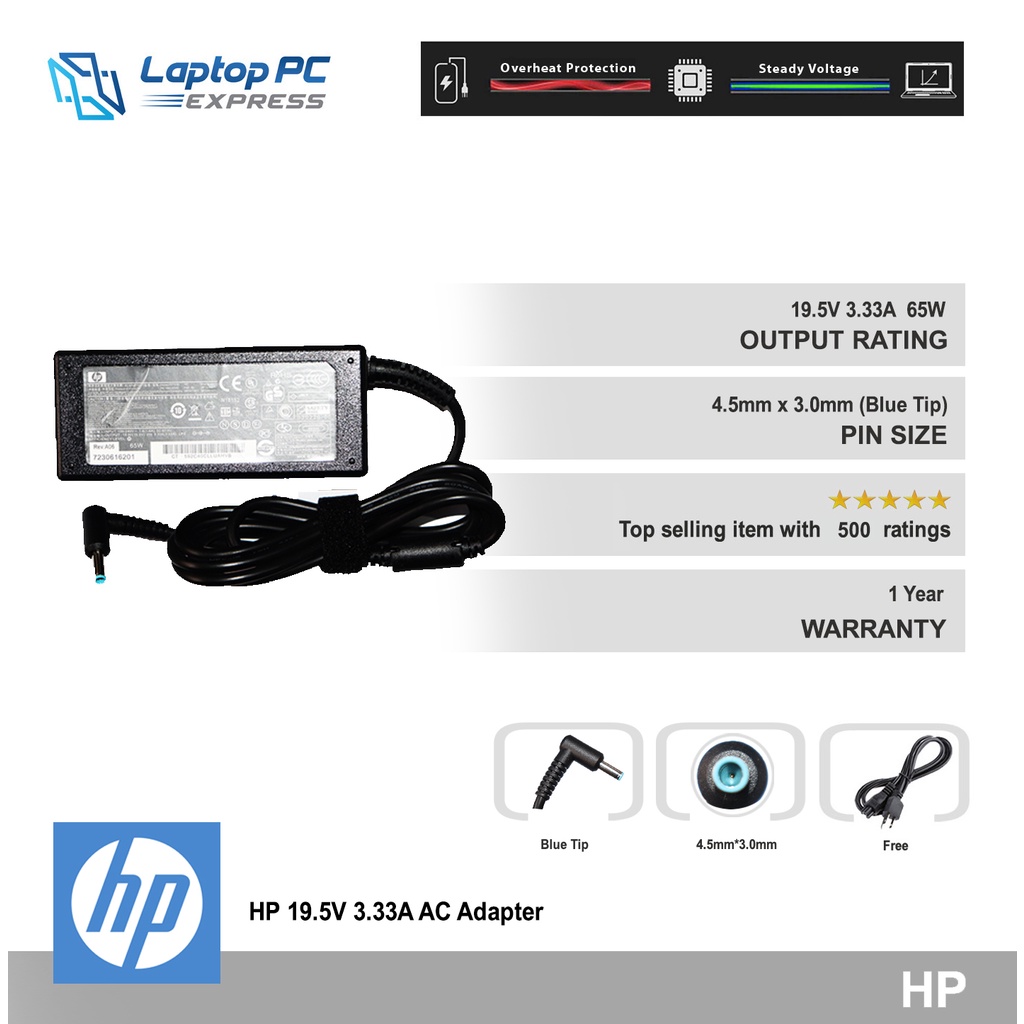 HP Laptop charger 19.5v 3.33a 65w for 14-ac101,14-ac110 4.5mm x 3.0mm ...