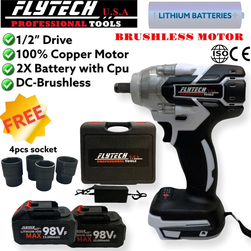 FREE 4 Socket Brushless 2 Batteries Flytech USA Cordless Impact Wrench ...