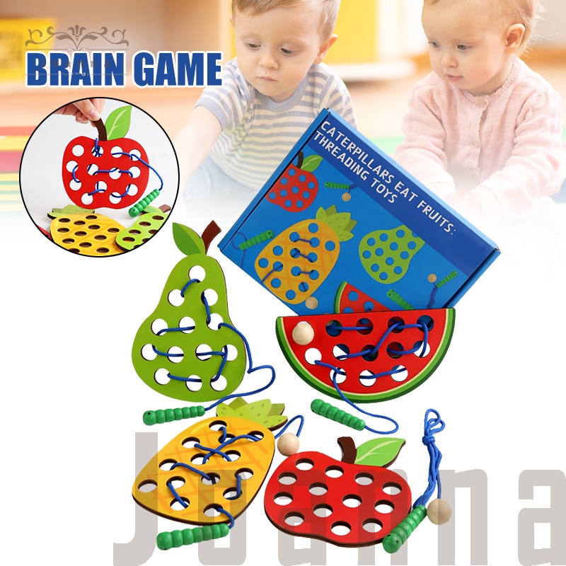 Wooden Threading Weaving Toy Set of 4 Cartoon Fruit Worm Lacing Fine ...