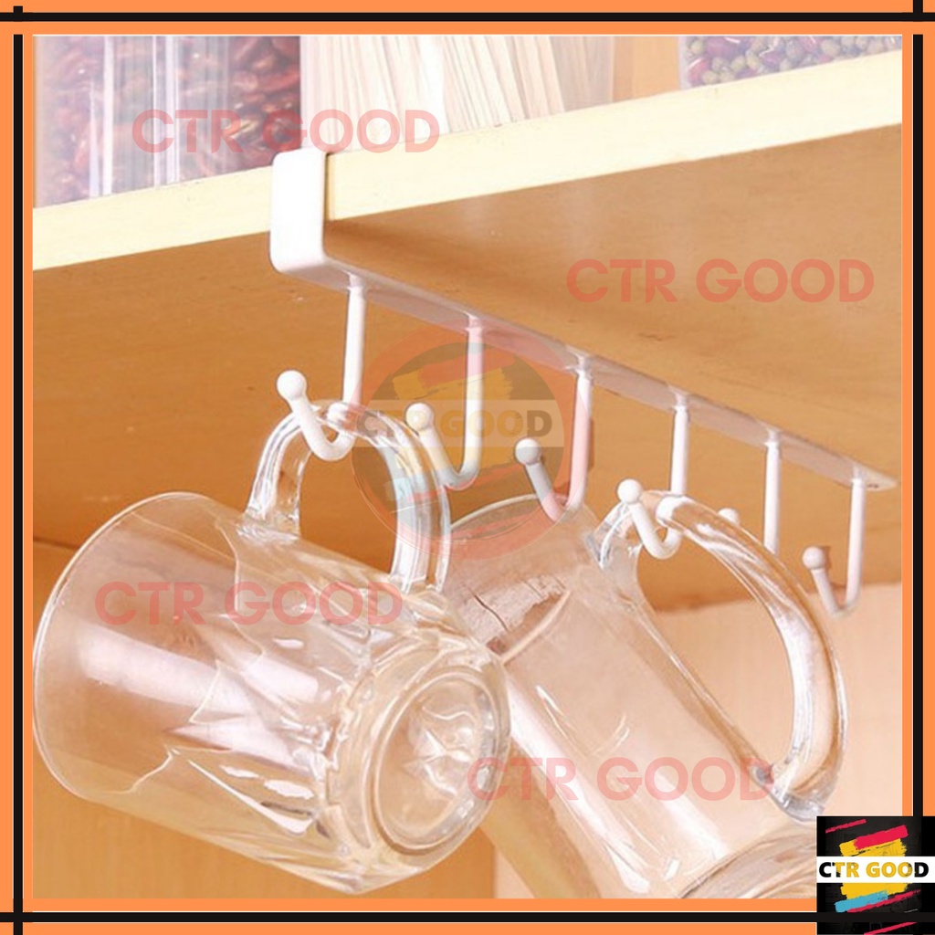 6 Hooks Cup Holder Hang Kitchen Cabinet Shelf Storage Rack Organizer ...