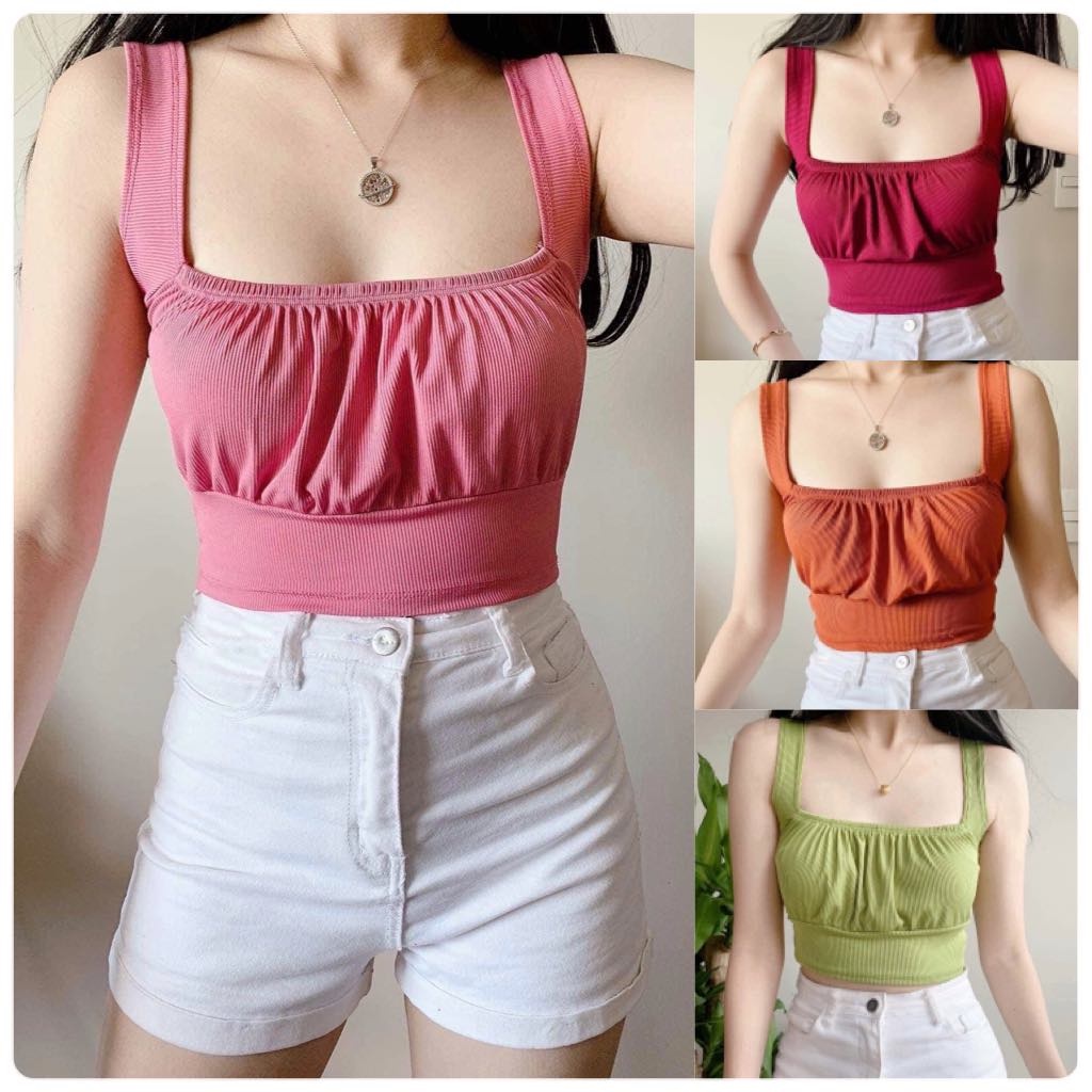 PENELOPE Cami Garter Trendy Ruched Bust Crop Top Ribbed Ruffles Ally ...