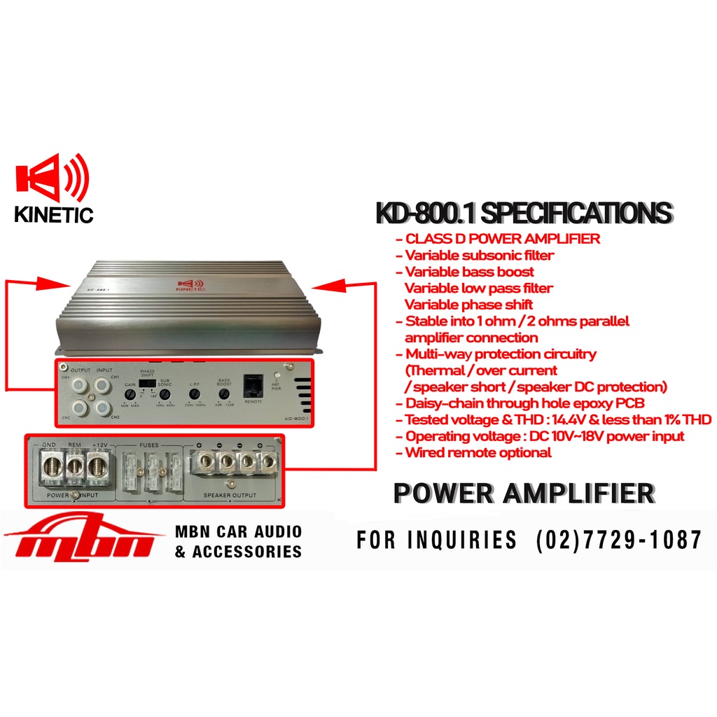 Kinetic KD-800.1 Mono Amplifier 800RMS Output Power / 1600watts Max ...