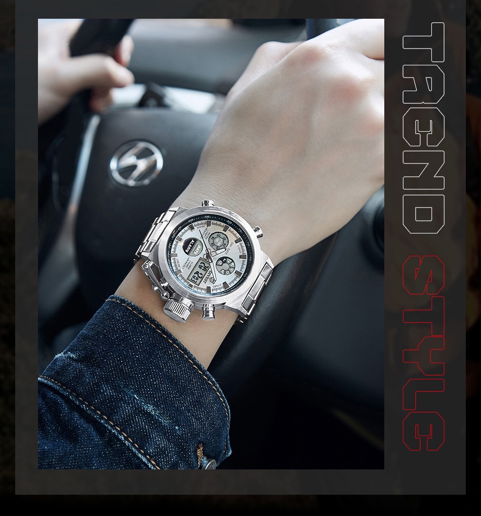 DIVEST Men's Watches Brand Fashion Casual Chrono Quartz LED Digital Original Men Watch Stainless ...