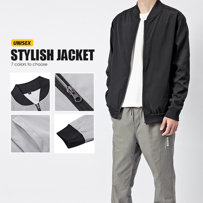 Bomber Jacket for Men with Zipper Plain Trendy Tops Casual Korean Top ...